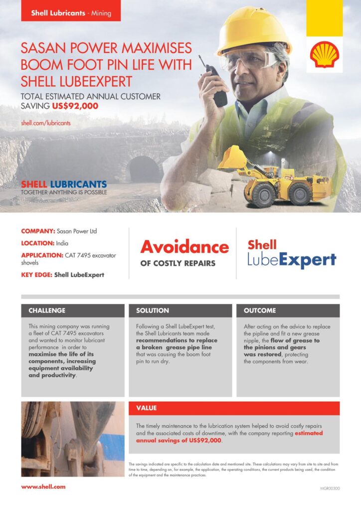 Sasan Power Maximises Boom Foot Pin life with Shell Lube Expert